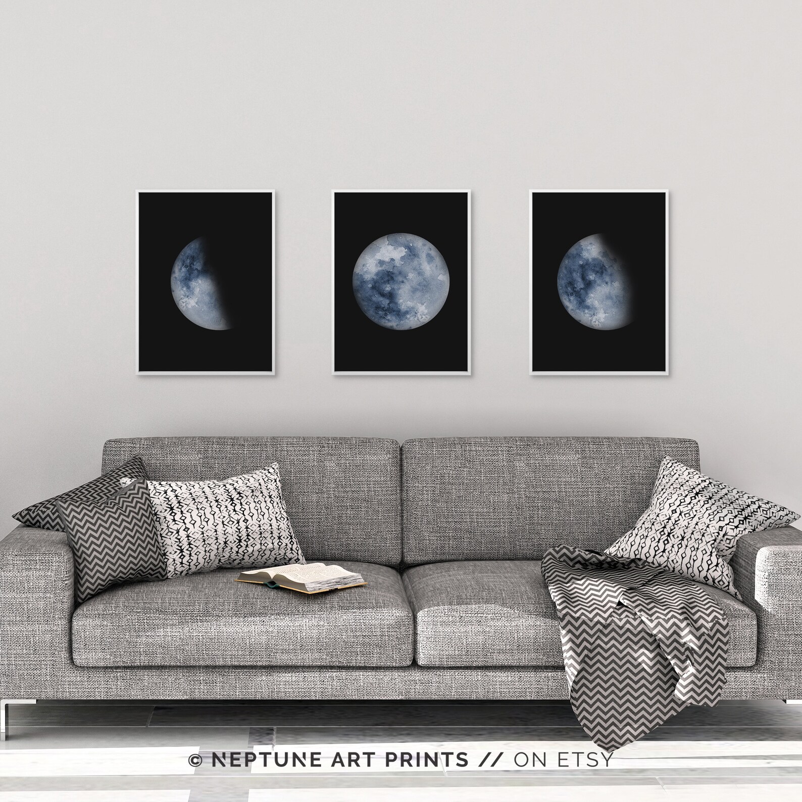 Set of 3 Blue Indigo Watercolor Moon Phase Print Prints | Etsy