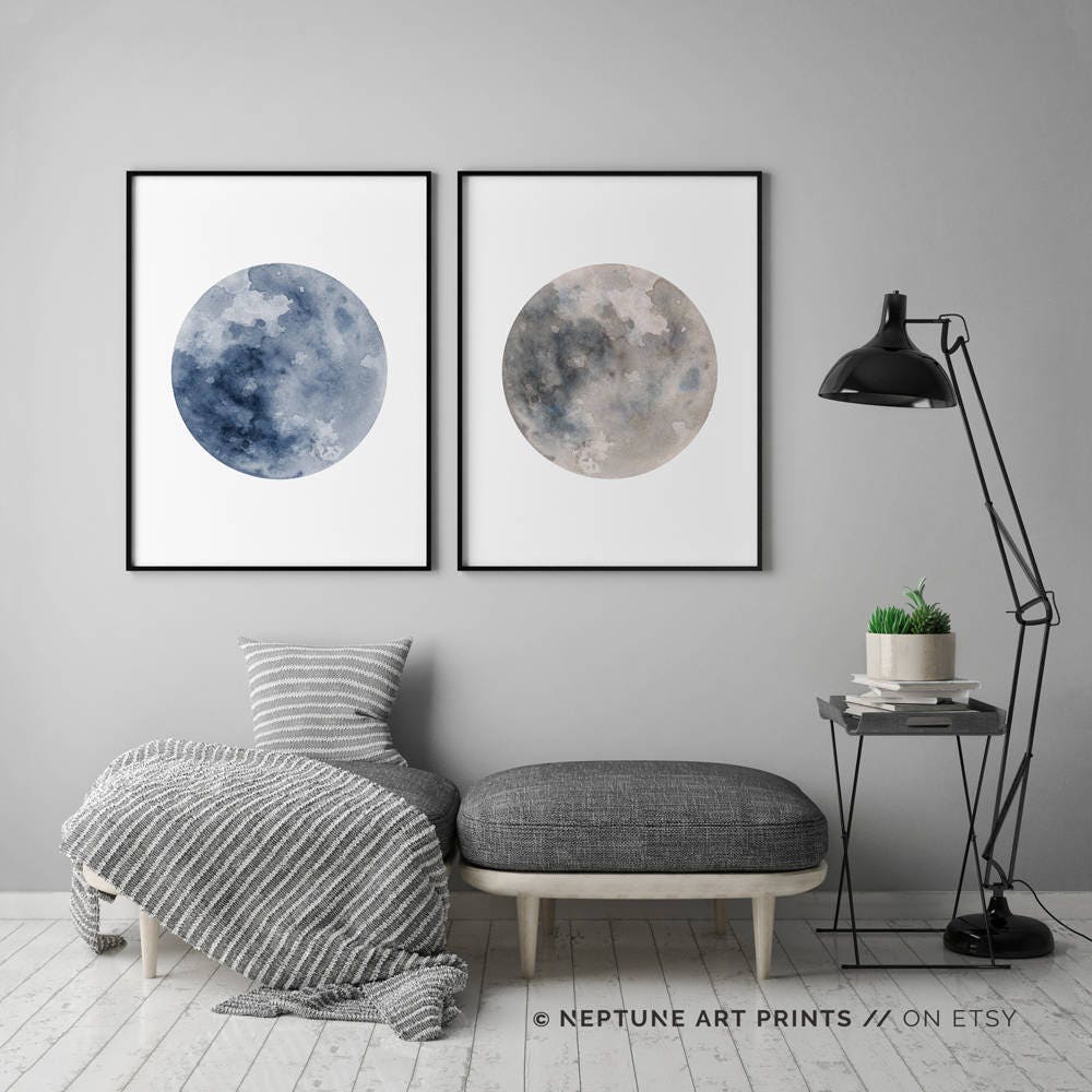 Blue Full Moon Print, Blue Watercolor Moon, Set of 2, La Luna, Full ...