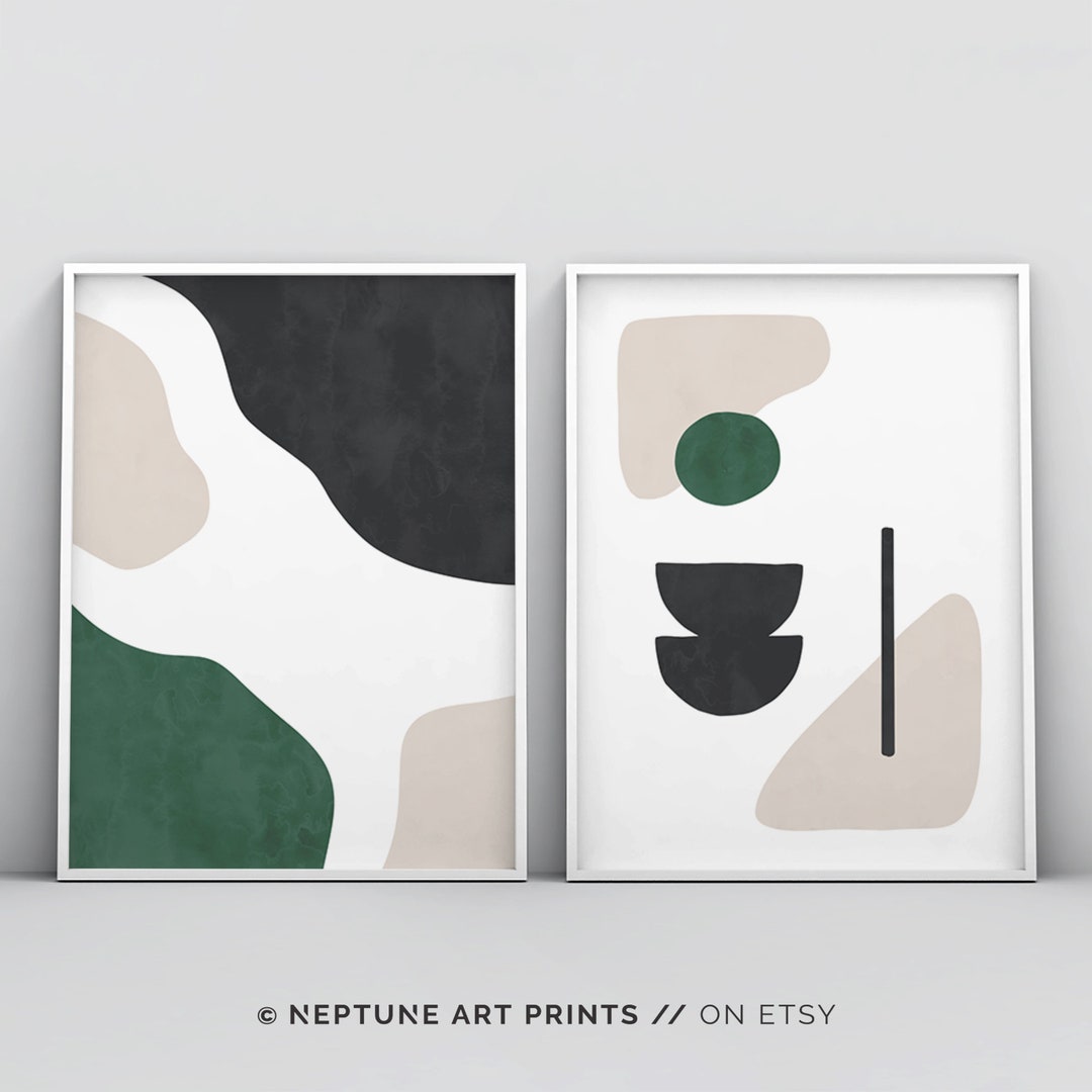 2 Piece Mid Century Forest Green Wall Art Poster Print, Abstract ...