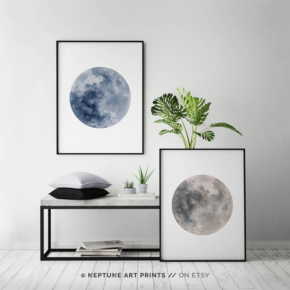Blue Full Moon Print, Blue Watercolor Moon, Set of 2, La Luna, Full ...