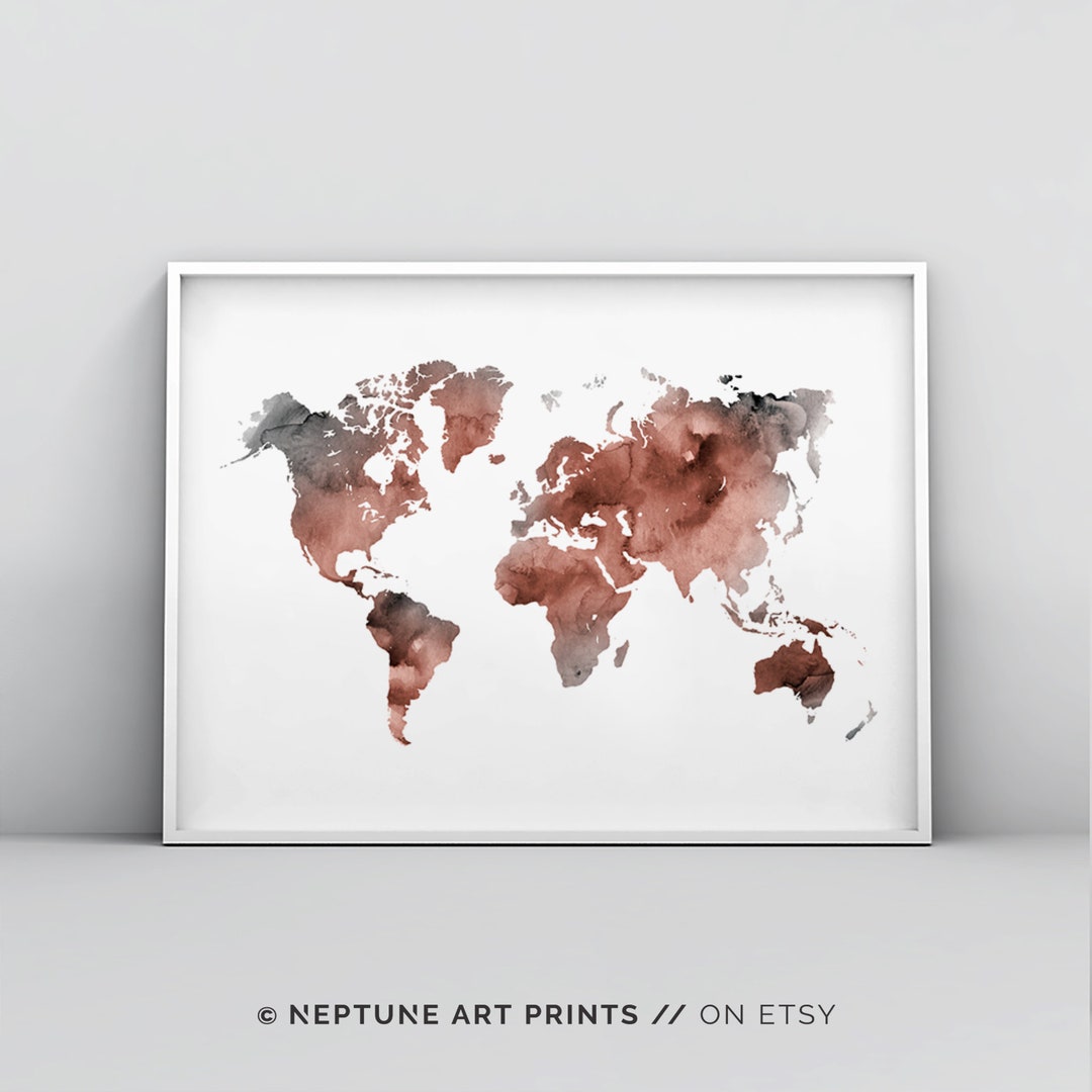 Red Terracotta World Map Printable, Red Wine Masala Maroon Modern Print ...