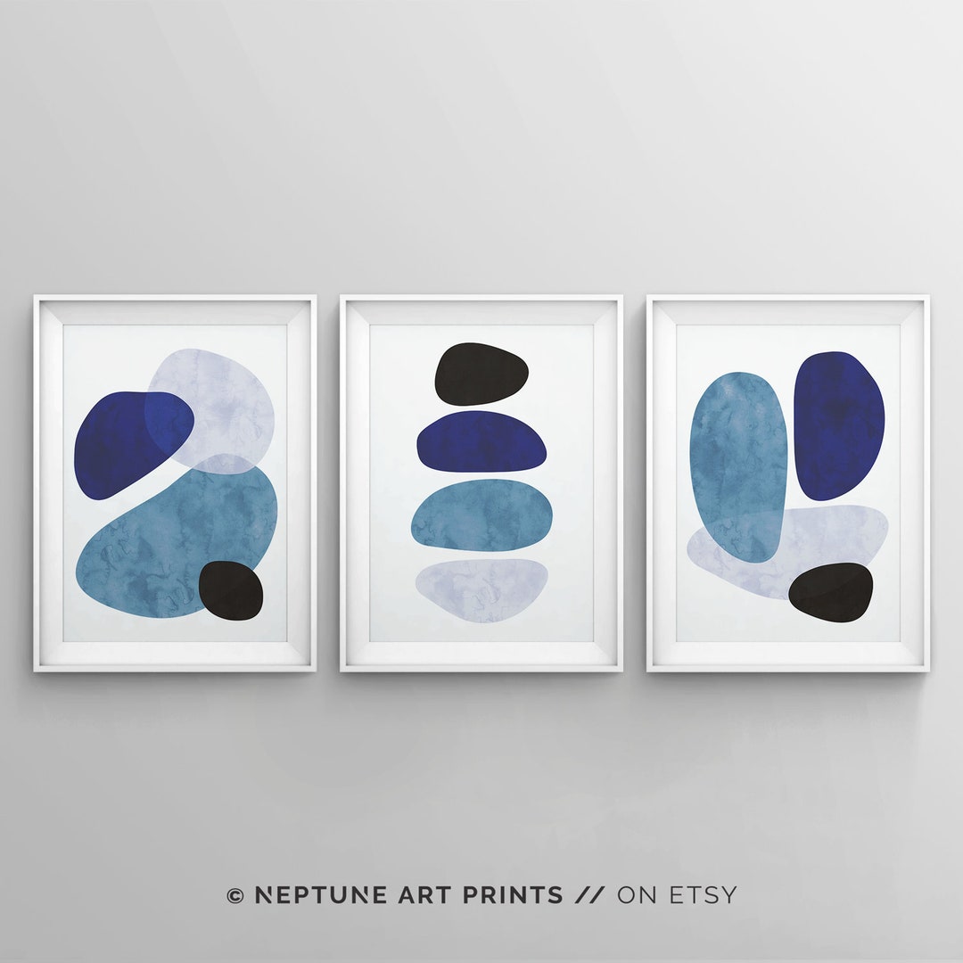 Abstract Blue Shapes Wall Art Print, Set of 3 Printable Wall Art, 3 ...