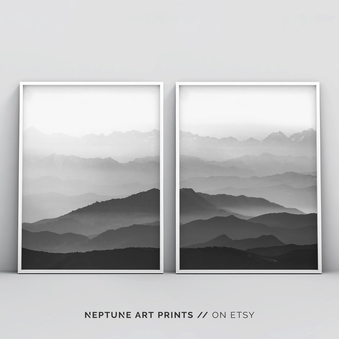 2 Piece Black White Mountains Printable, Set of 2 Wall Art, Landscape ...