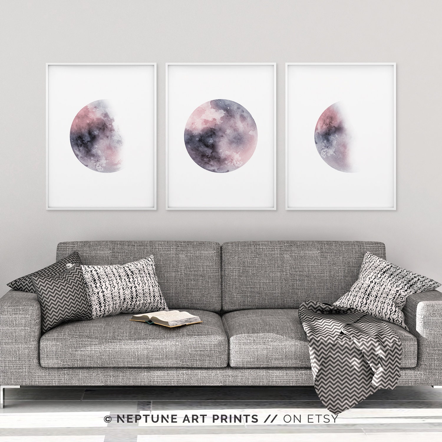Pink Blush Moon Phase Print Set of 3 Watercolour Prints | Etsy