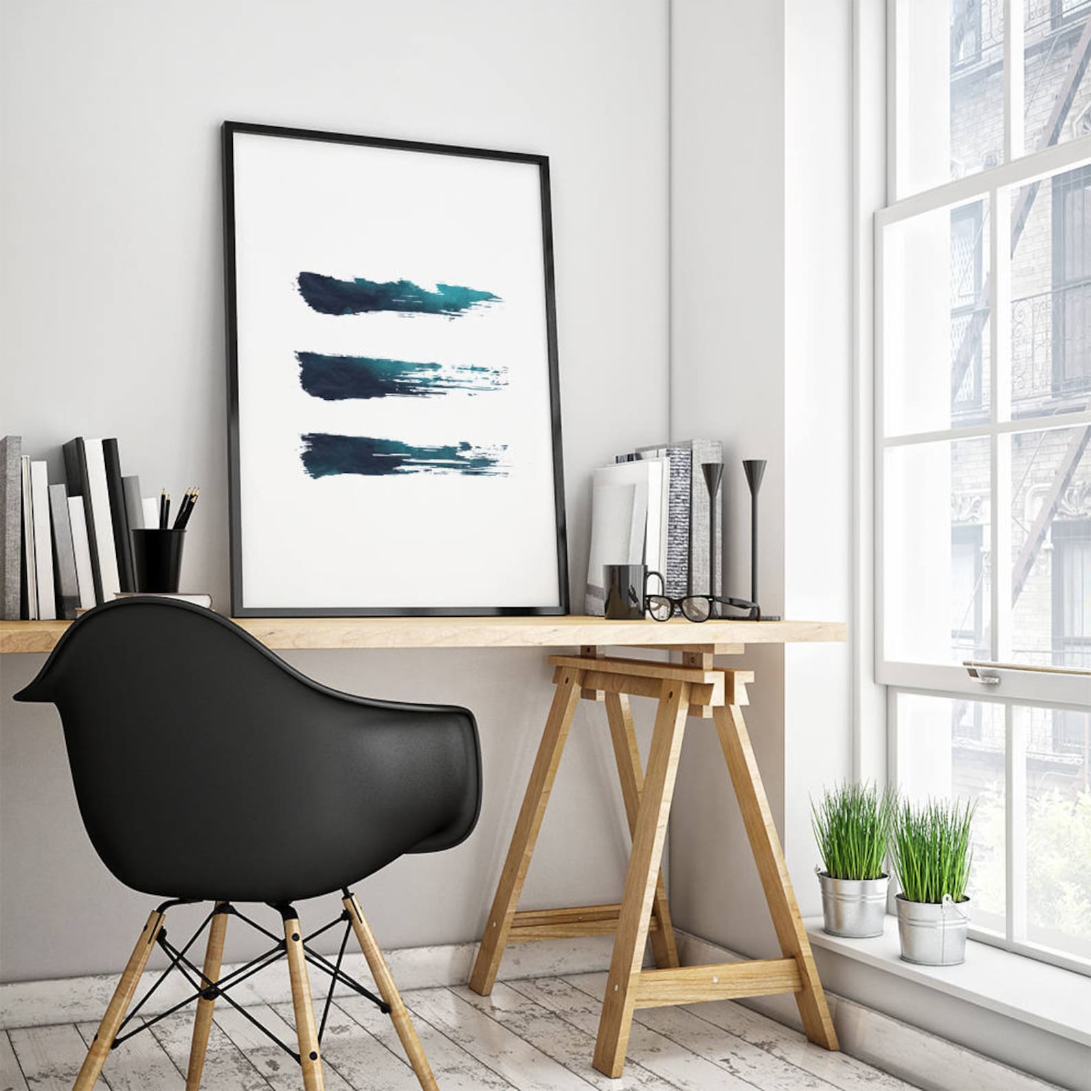 Abstract Brush Print, Abstract Brush Art, Modern Blue Art, Modern Teal ...