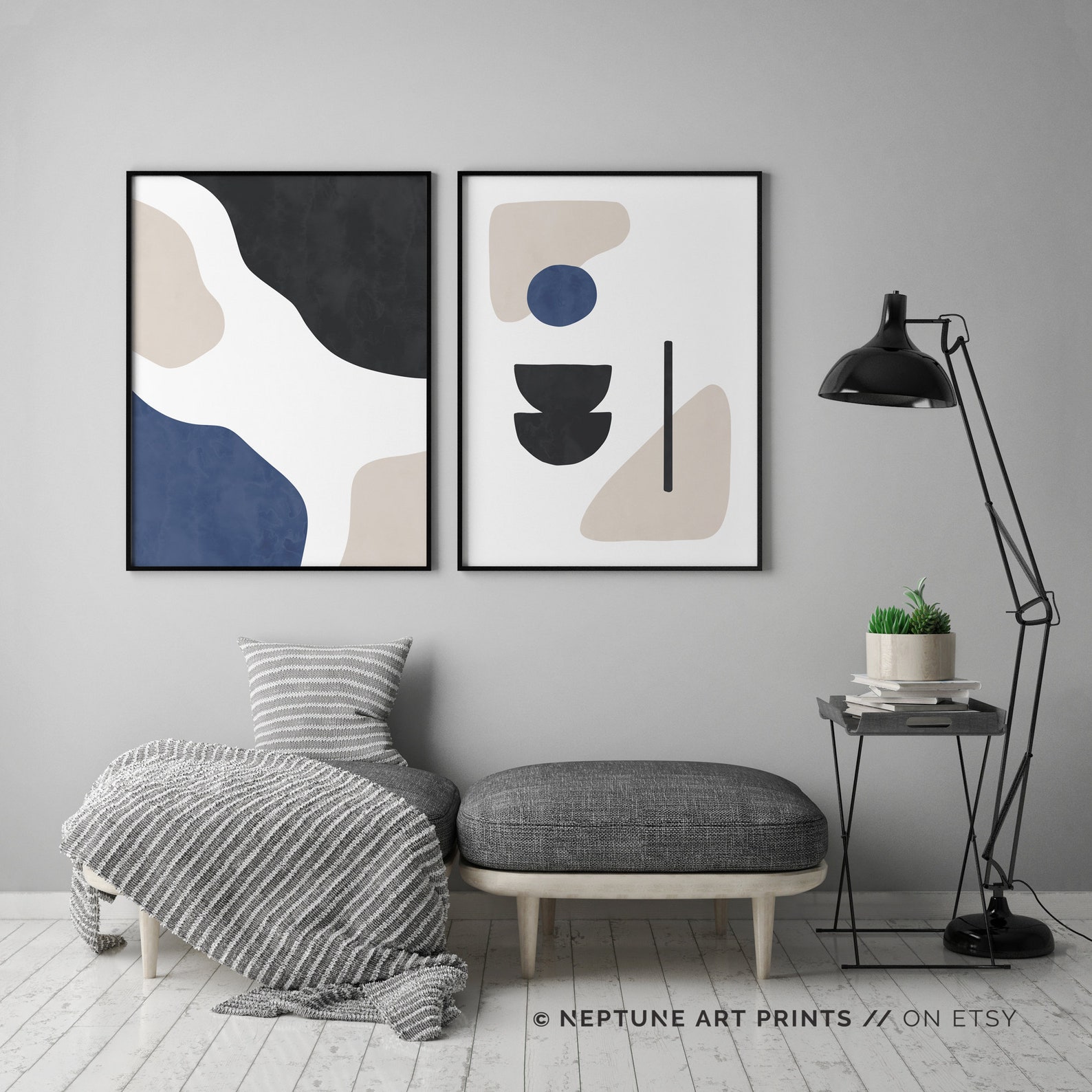 2 Piece Modern Navy Blue Wall Art Poster Print, Abstract Blue Wall Art ...