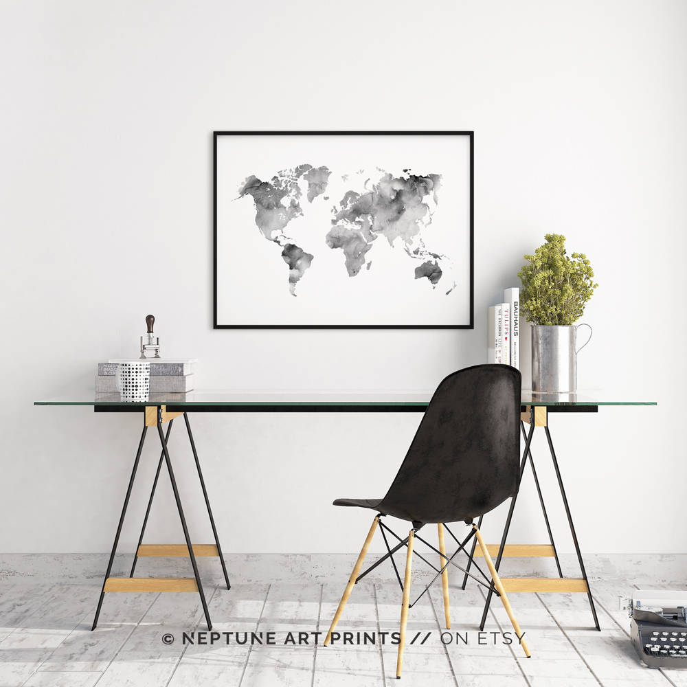 Grey and White World Map Printable Modern Map Print Map | Etsy