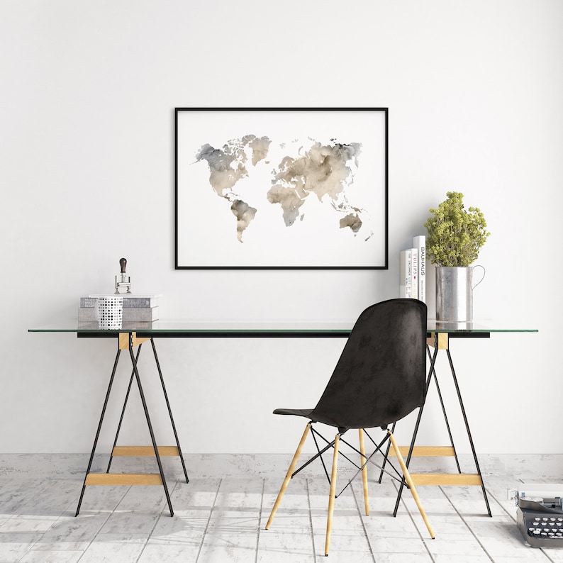 Neutral Tone Beige World Map Printable Earth Tone Tan Modern | Etsy Canada