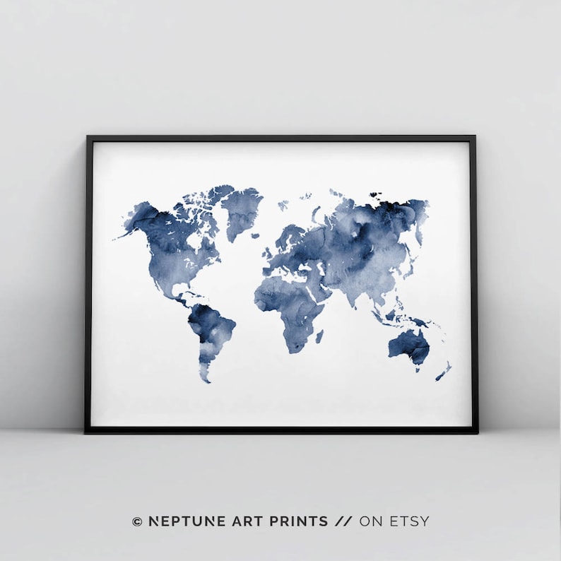 Blue World Map Printable, Indigo Map Print, Navy Map Poster, Abstract ...