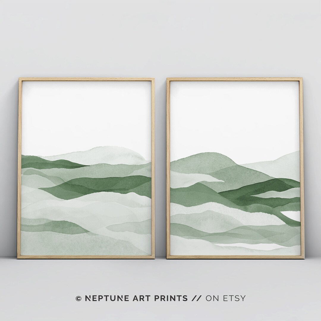 2 Piece Sage Green Abstract Wall Art, Forest Green Art Painting, Wall ...