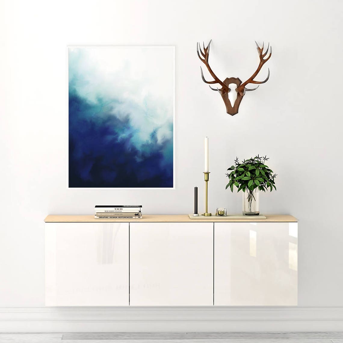 Modern Blue Poster, Dark Blue Abstract Print, Navy Blue Watercolour ...