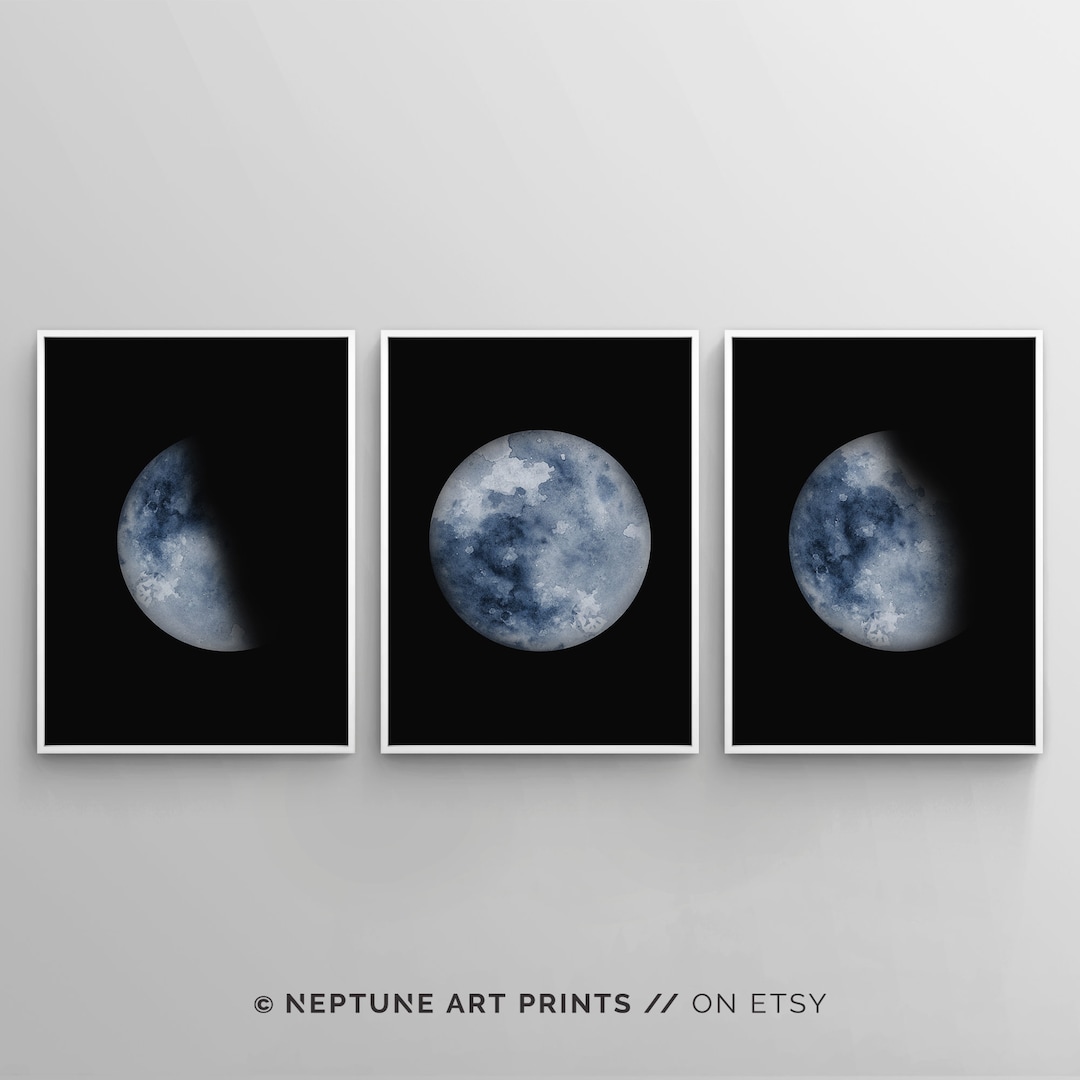 Set of 3 Blue Indigo Watercolor Moon Phase Print Prints Celestial ...