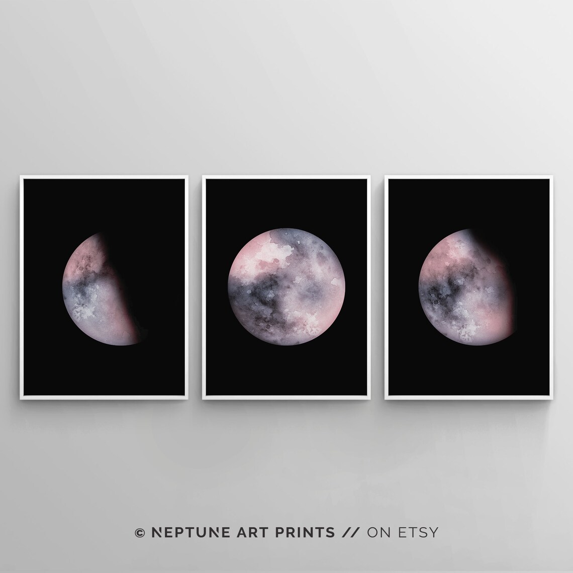 Set of 3 Pink Blush Moon Phase Print Watercolour Prints Celestial ...