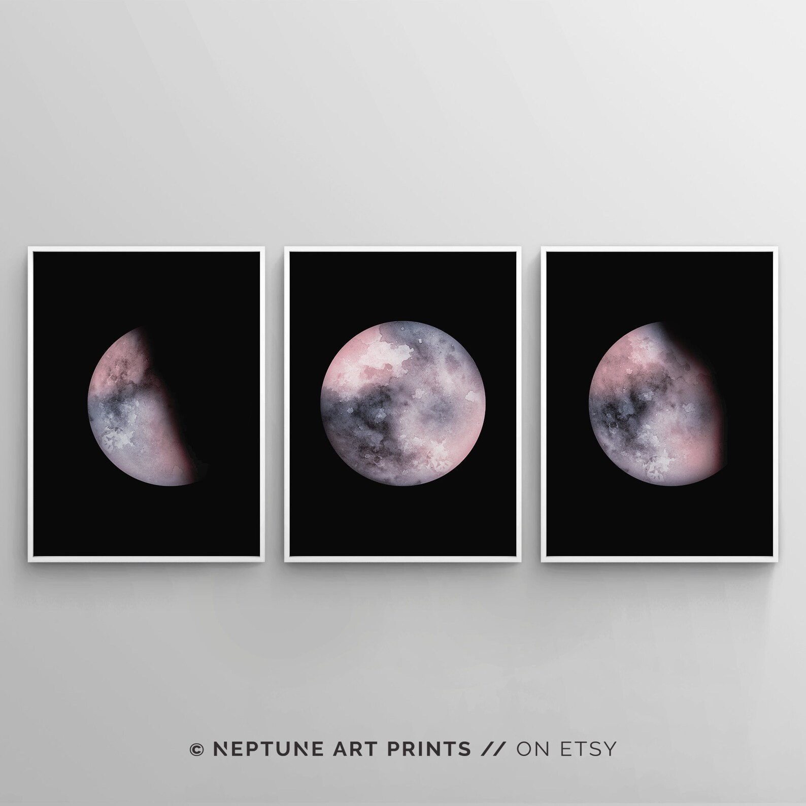 Set of 3 Pink Blush Moon Phase Print Watercolour Prints Celestial ...