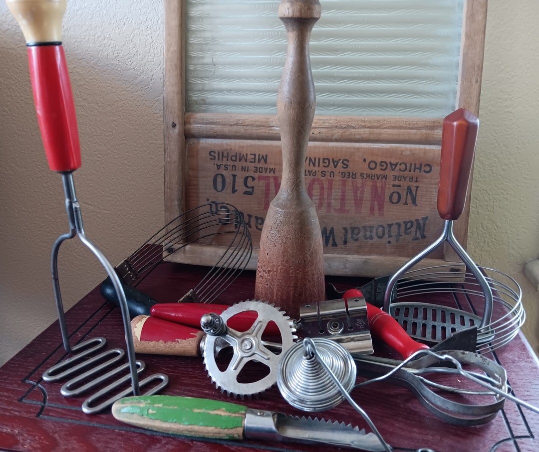 Vintage Antique Kitchen Utensils Bakelite Wood Food Masher Dough Whisk ...