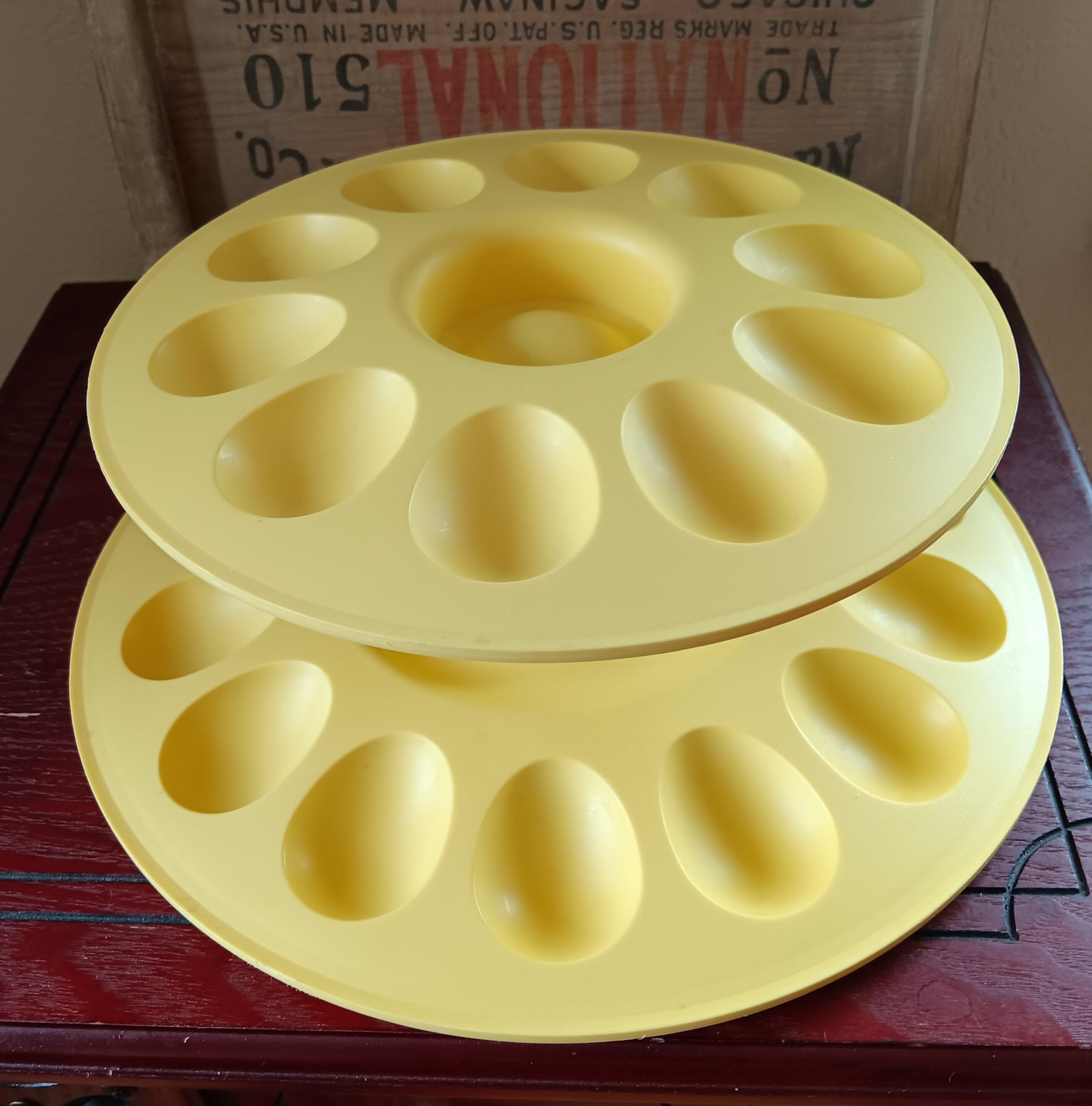 Vintage Tupperware Yellow Deviled Eggs Two Tier Serving Tray Egg ...