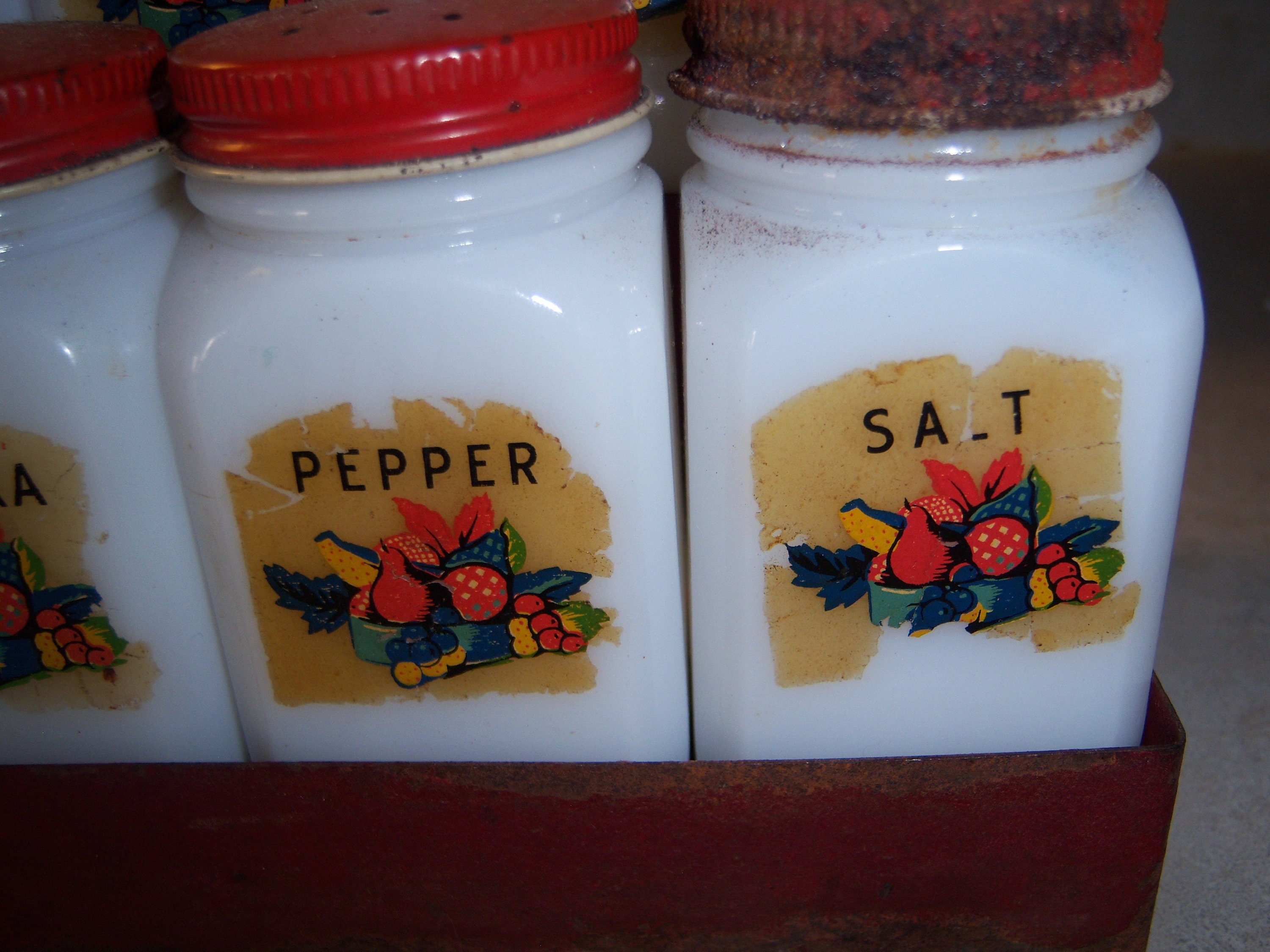Vintage Tipp City Milk Glass Sunburst Fruit Spice Jars With Metal Spice ...