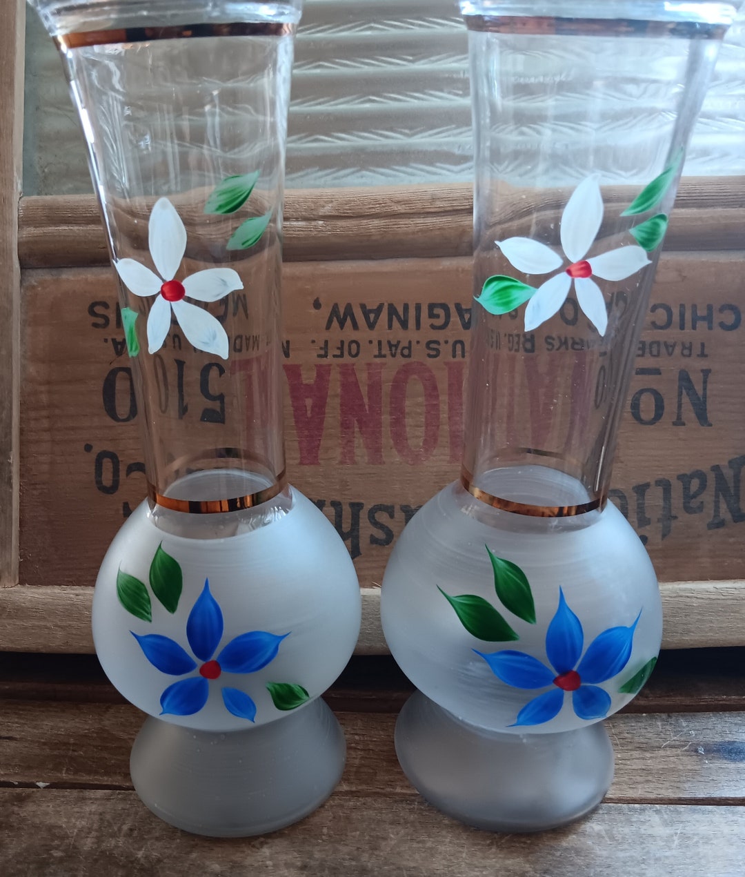 Vintage Bartlett Collins 1950's Vase Pair of Vases Blue Green Floral ...