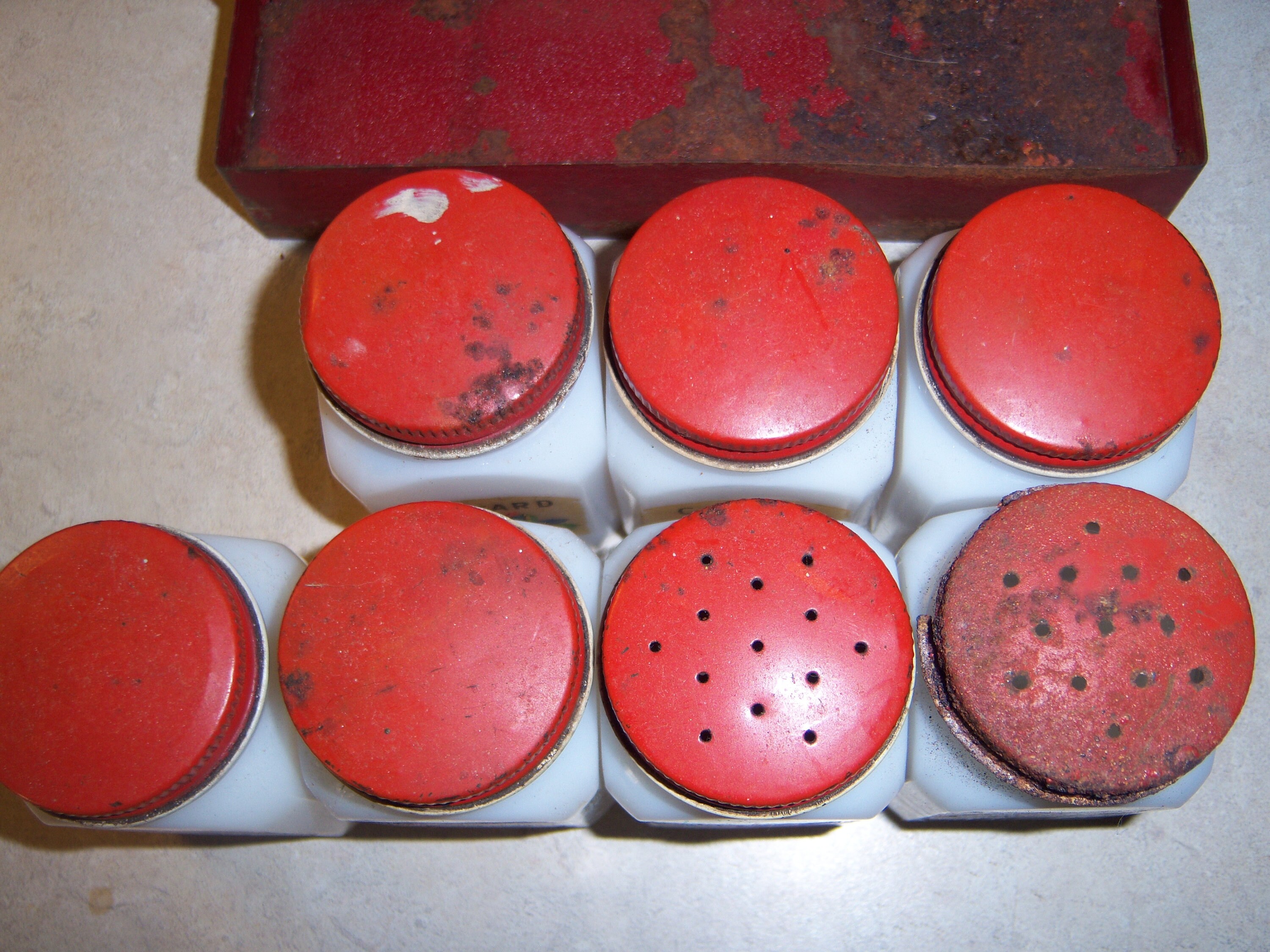 Vintage Tipp City Milk Glass Sunburst Fruit Spice Jars With Metal Spice ...