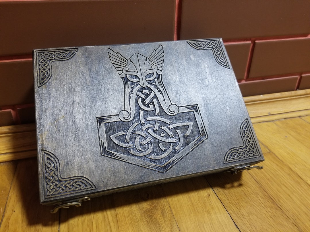 Viking - Mjolnir and Thors - Themed Wooden Jevelery Box/casket - 10"x7 ...