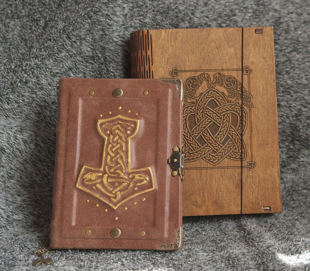 Viking Mjolnir Themed Handmade Leather Notebook in Wooden Box - Etsy