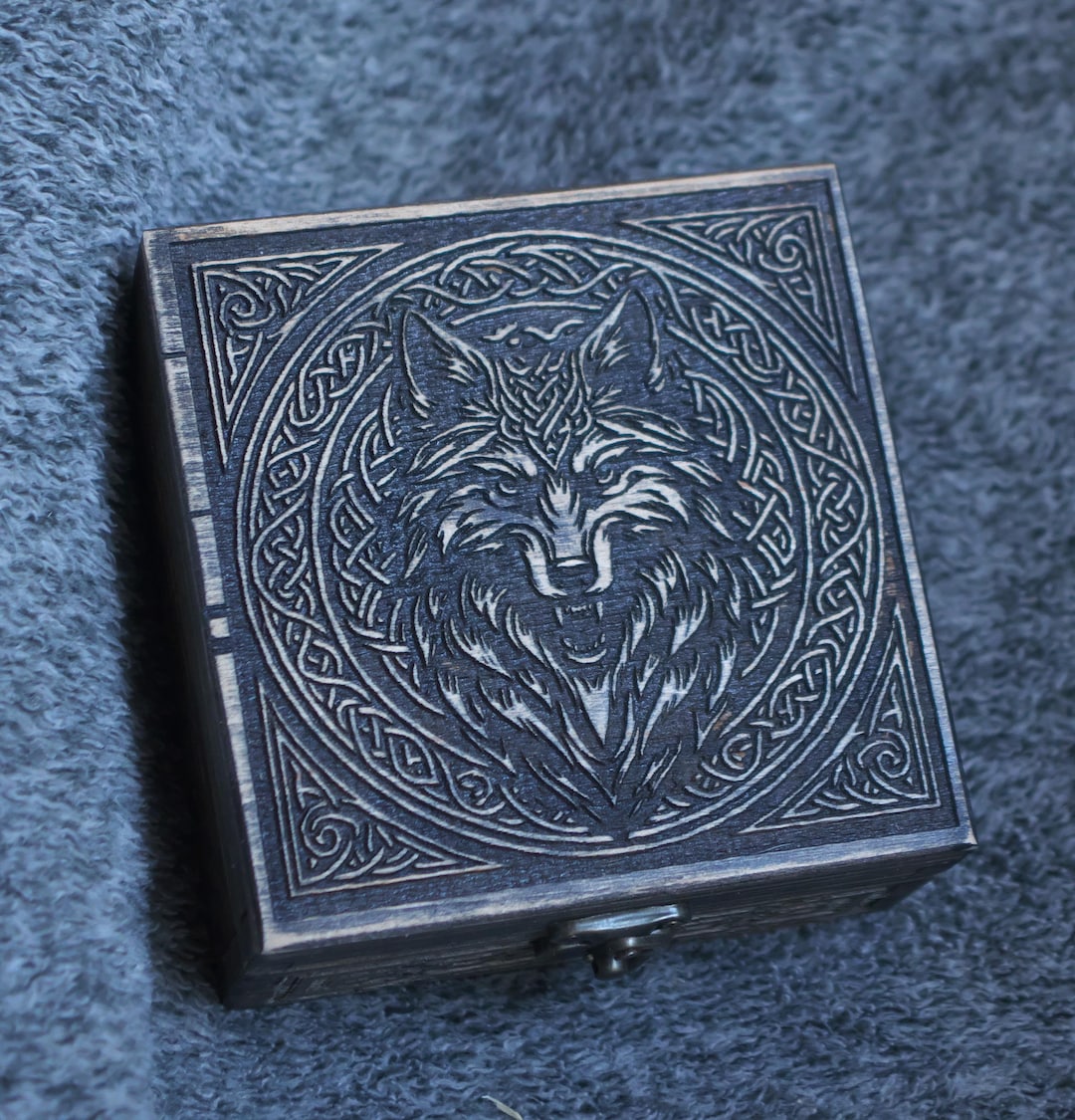 Celtic Wolf Themed Square Wooden Jevelery Box/casket - Hidden ...