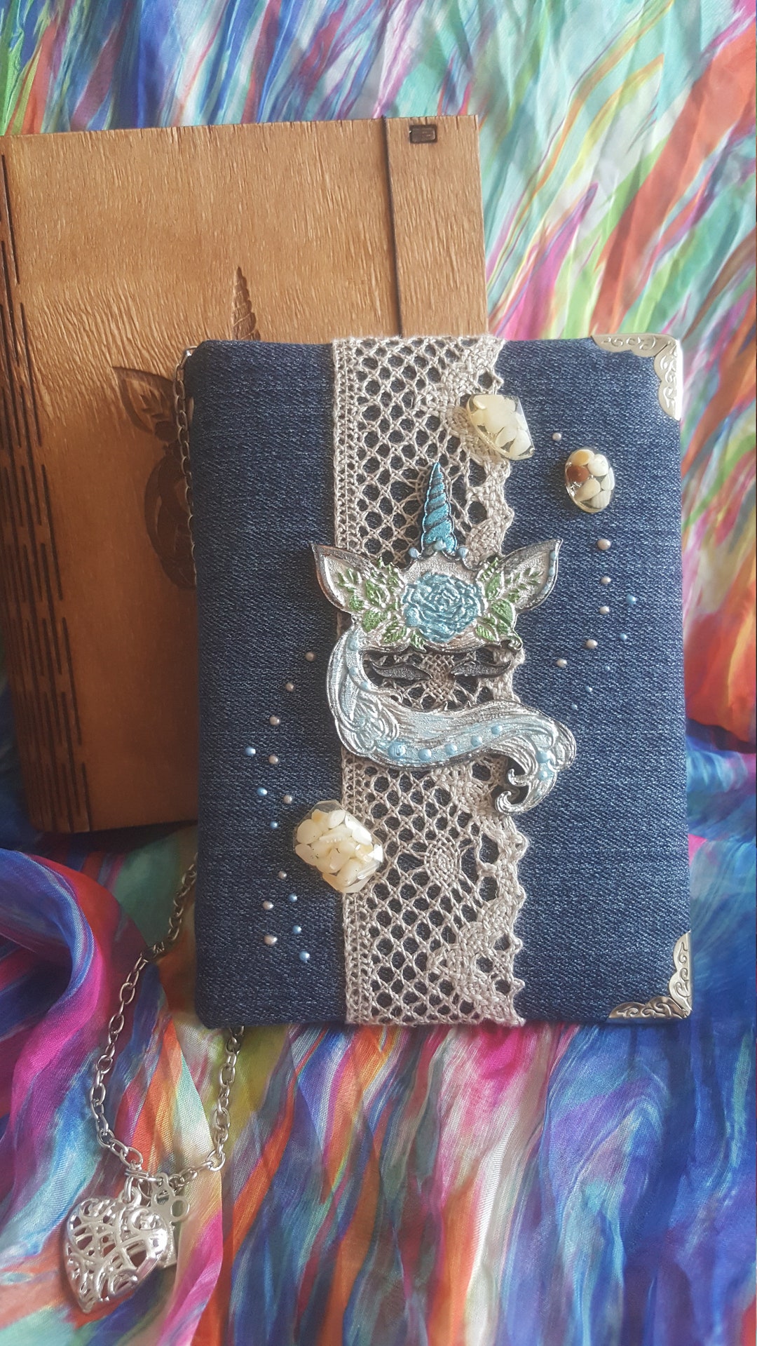 Magic Unicorn Series Handmade Denim Blue Paper Notebook in Wooden Box ...