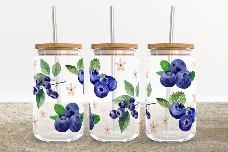 Boho Blueberry Art | 16 Oz Libbey Glass Can Tumbler Sublimation Design ...