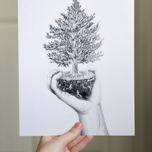 Surrealistic Hand Holding a Tree ILLUSTRATION PRINT 8x10 Inches ...