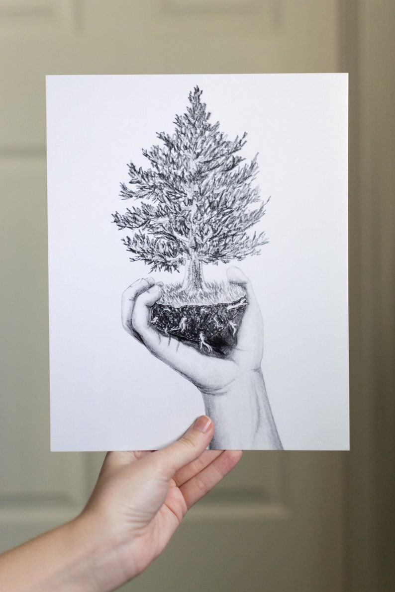 Surrealistic Hand Holding a Tree ILLUSTRATION PRINT 8x10 Inches ...