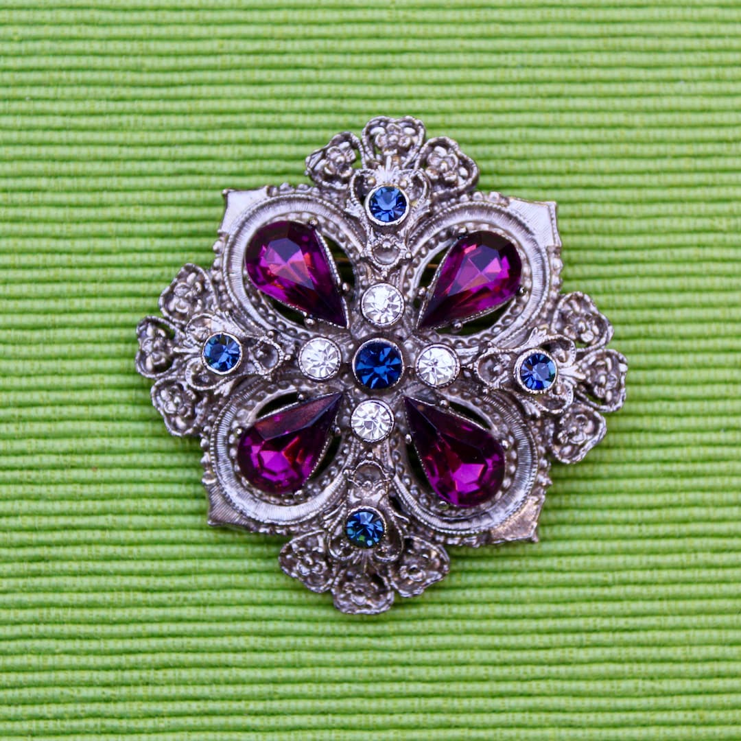 Vintage Gothic Style Silver Brooch With Blue and Purple Rhinestones - Etsy