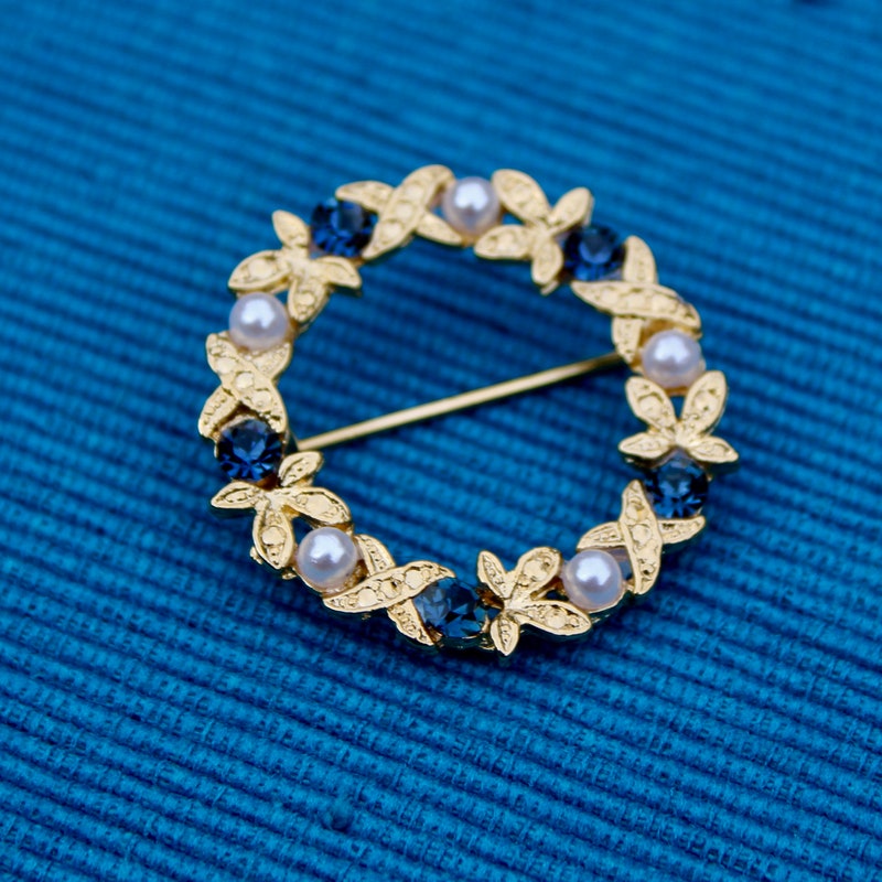 Blue Crystal Gold Brooch - Etsy UK