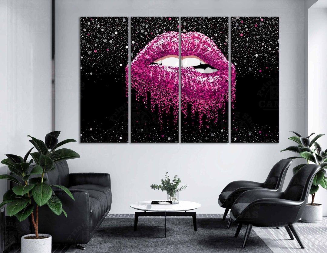Pink Glitter Lips Fashion Lip Art Canvas or Poster Print Silver Lips ...