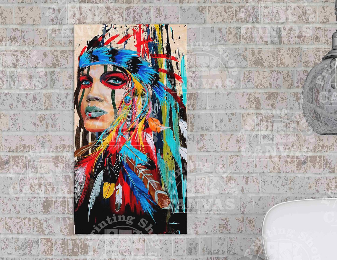 American Indian Colorful Print Native American Woman Canvas | Etsy