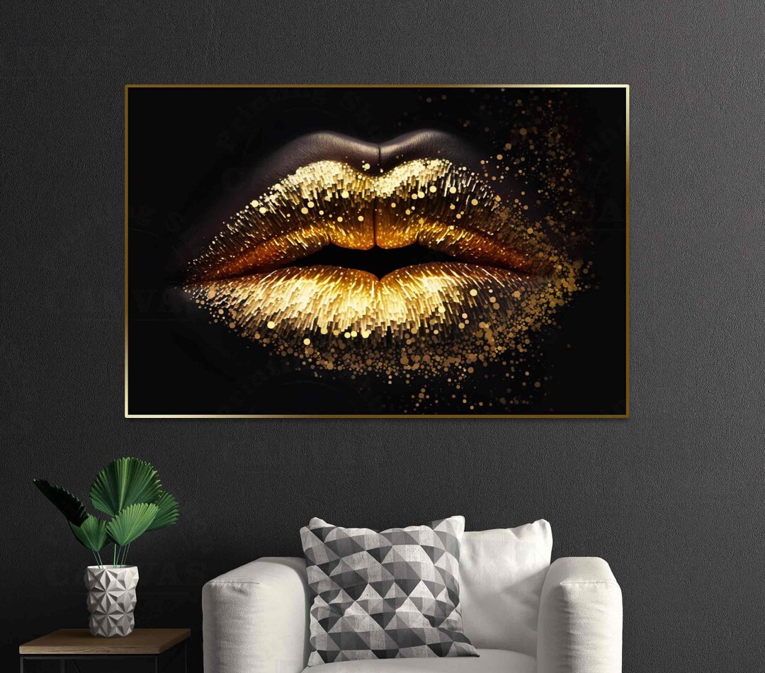 Golden Lips Canvas Art, Woman Lips Wall Decor, Gold Glitter Print Art ...
