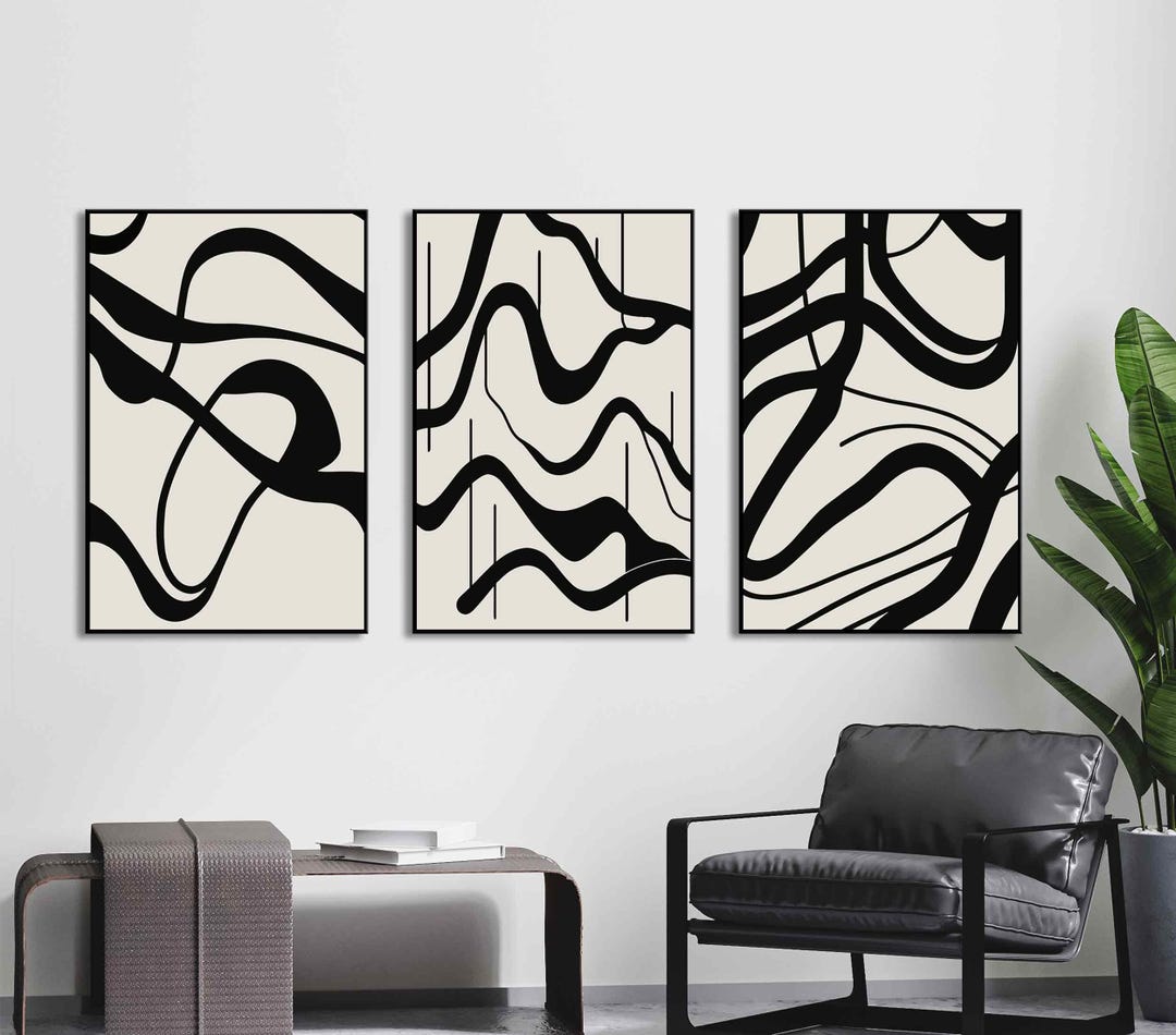 Black and White Abstract Line Art Set of 3, Minimalist Triptych Canvas ...