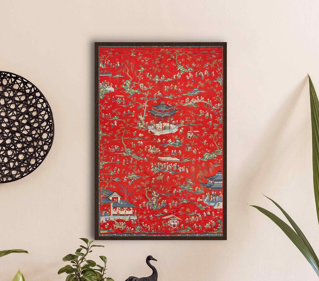 Chinese Red Chinoiserie Wall Art – Oriental Pagoda Scene Canvas Print ...