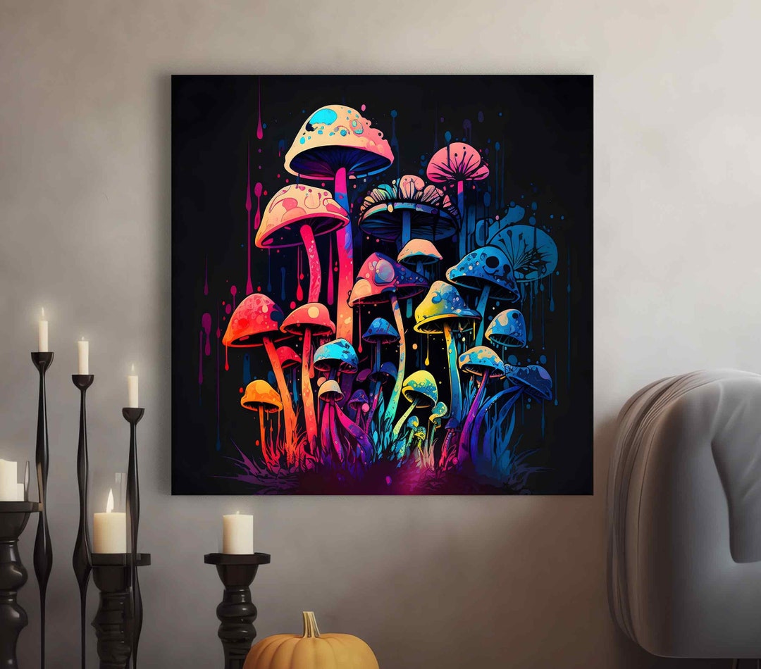 Fluorescent Mushroom Design Print Psychedelic Fungi Illustration Neon ...