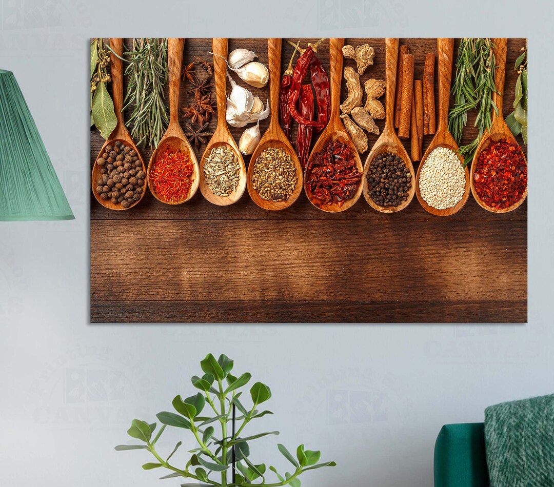 Indian Spices in Wooden Spoons Wall Art Kitchen Colorful Herbs Dining ...