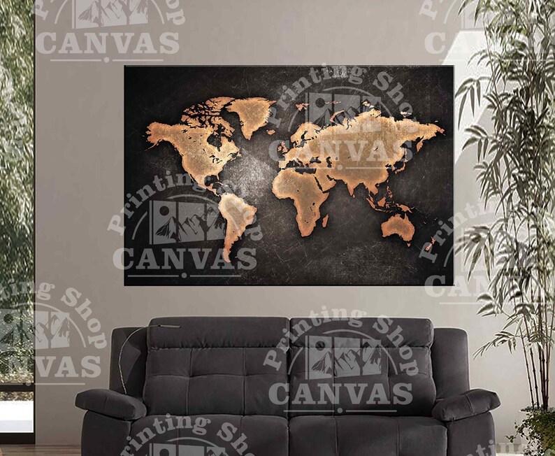 Map Canvas Bronze Black World Map Canvas Interior Design | Etsy