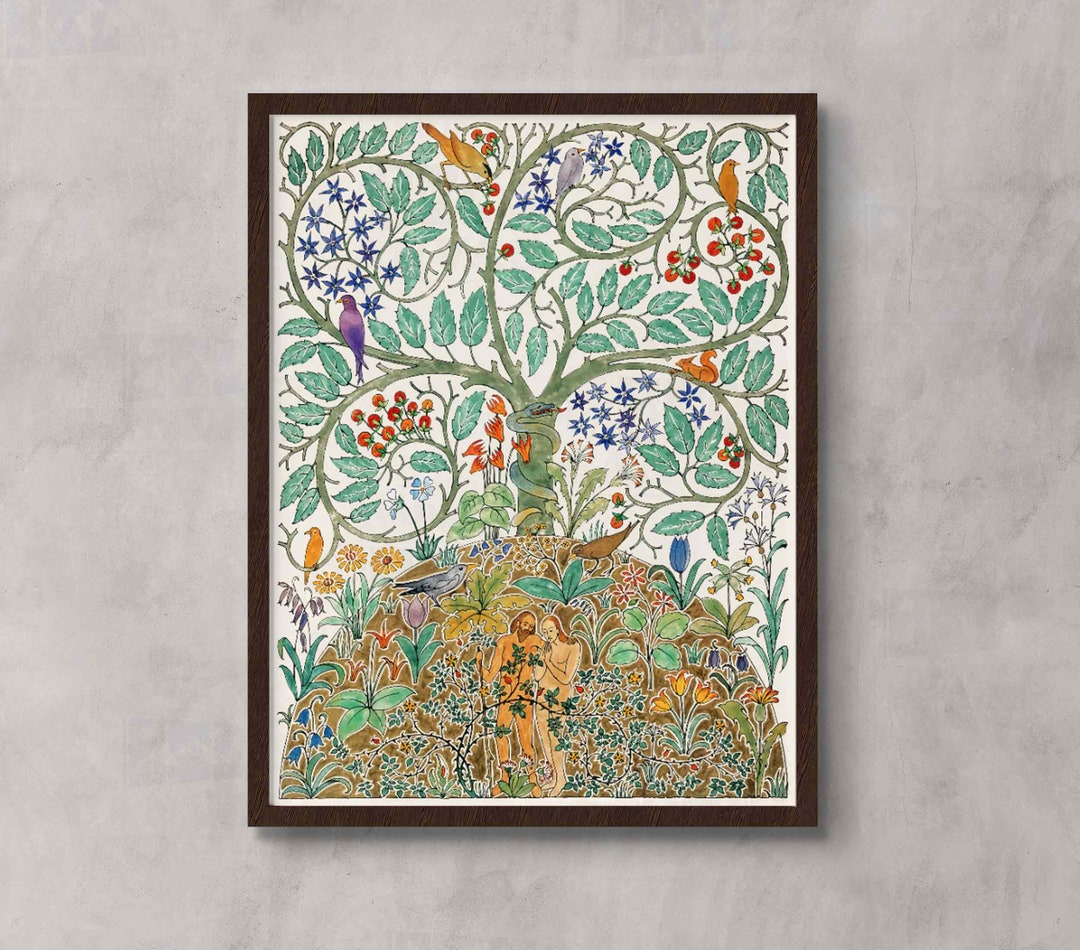Adam and Eve Canvas Watercolor Print Blooming Retro Landscape Art ...