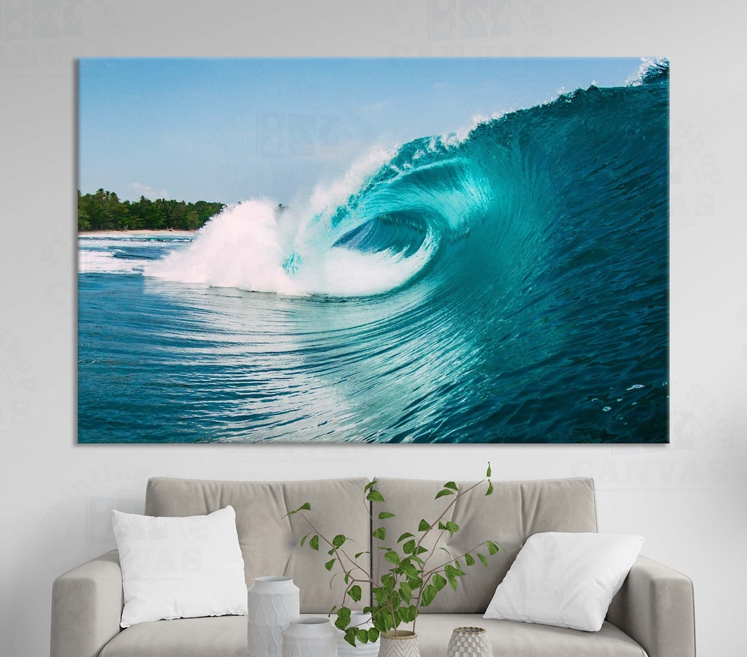 Navy Blue Big Wave Hawaiian Surf Wall Art Canvas or Poster Print ...