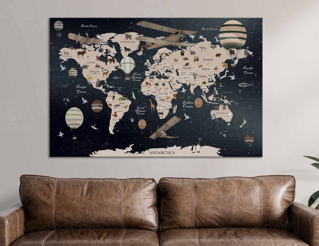 Kids Map of the World Adventure Bedroom Canvas Print Baby Maps Animals ...