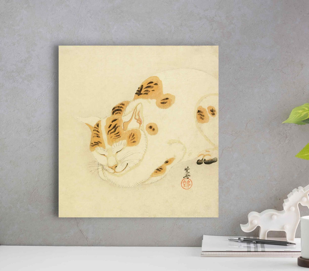 Vintage Cat Asian Art Wall Decor Sleeping Mike-neko by Kawanabe Kyosai ...