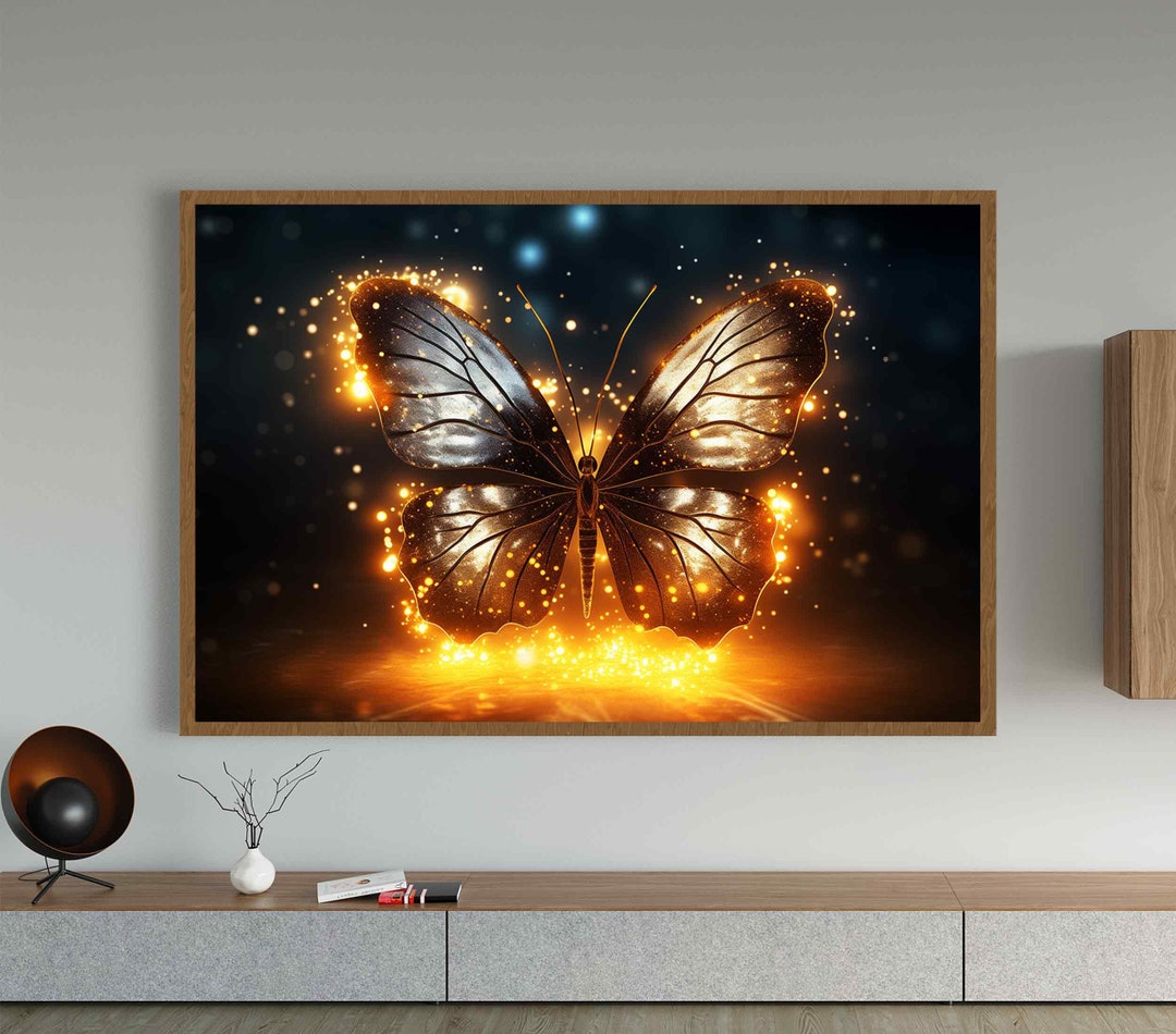 Shiny Butterfly Canvas Burning Art Print Black Background Wall Decor ...