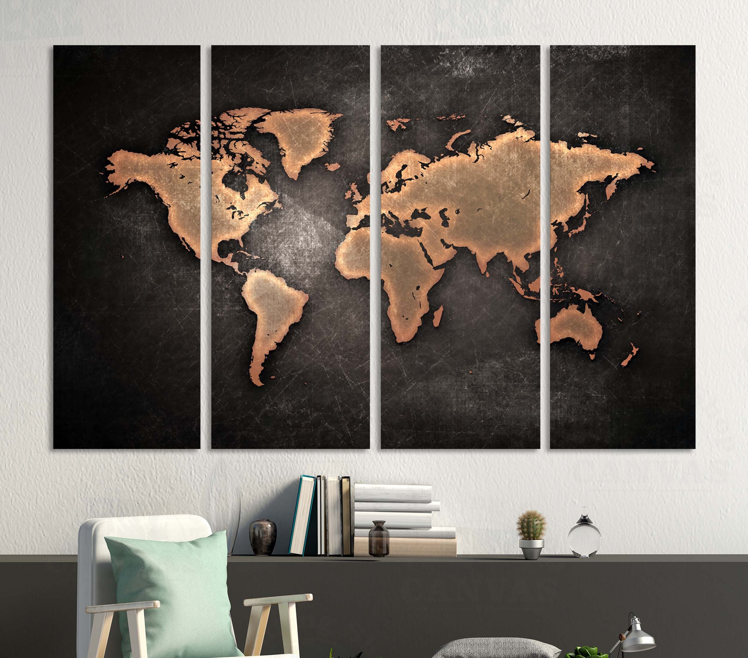 Map Canvas Bronze Black World Map Canvas Interior Design - Etsy