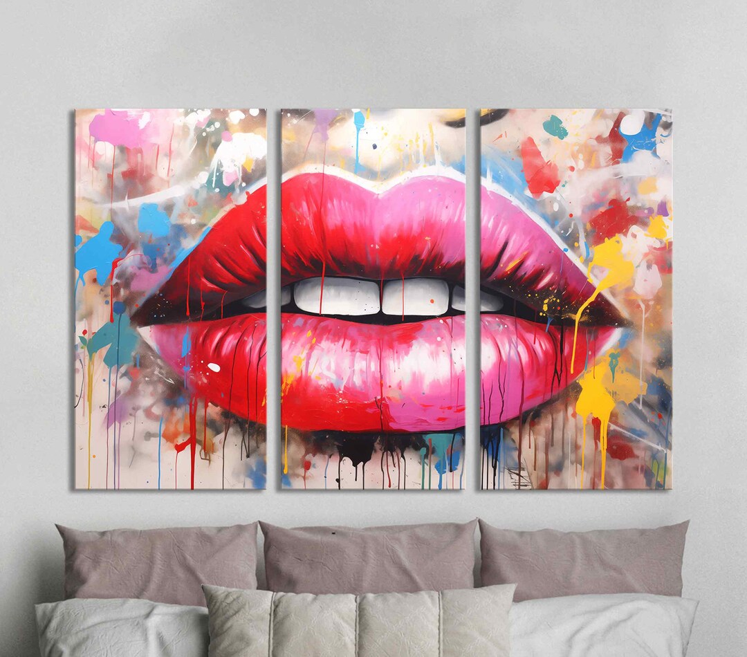 Pink Lips Illustration Canvas Print Colorful Splash Art Lipstick Kiss ...