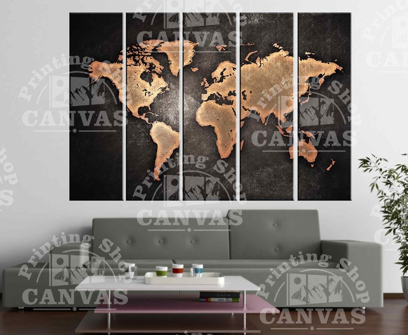 Map Canvas Bronze Black World Map Canvas Interior Design | Etsy