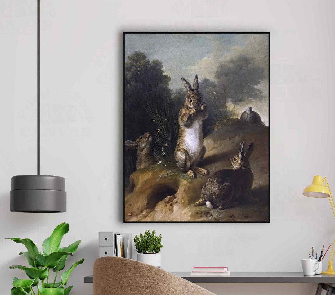 Vintage Rabbits Canvas Print Farmhouse Bunny Art Oil Painting ...