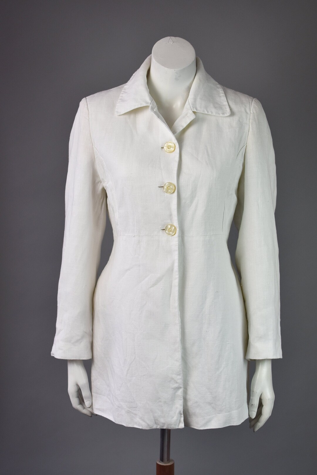 Linen Jacket - Long White Coat - Vintage Linen Cardigan - Retro Ladies ...